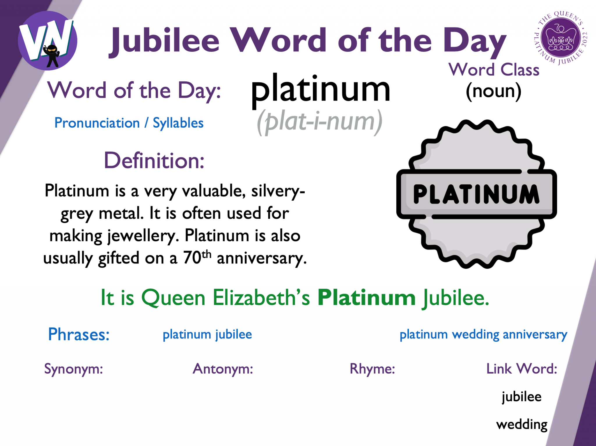 Wednesday’s Platinum Jubilee Word – Vocabulary Ninja