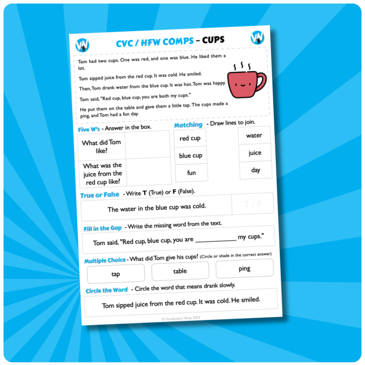 Cups – CVC / HFW QC – Vocabulary Ninja