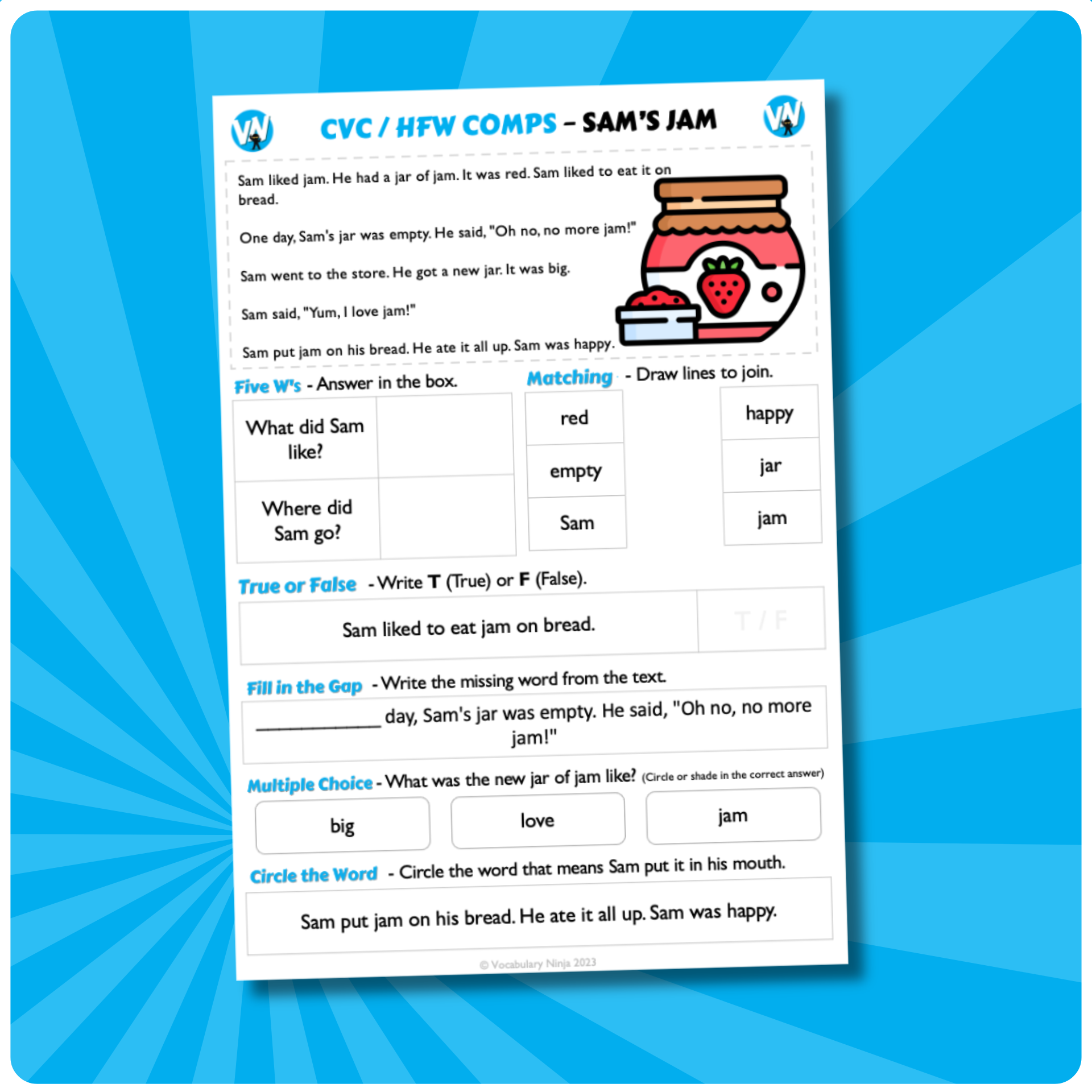 Sam’s Jam – CVC / HFW QC – Vocabulary Ninja
