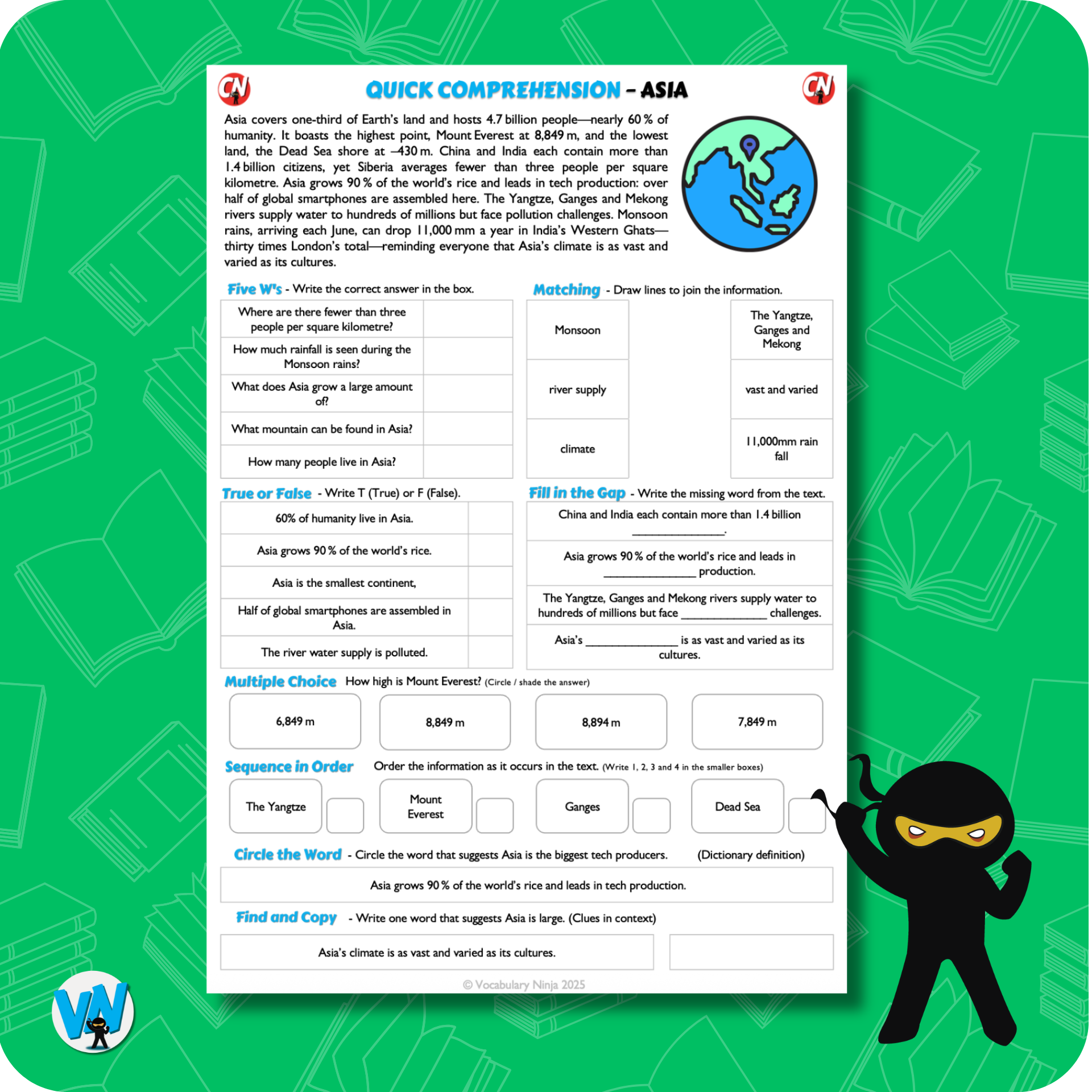 Quick Comprehension Topic Bundle – Y5 Continents – Vocabulary Ninja