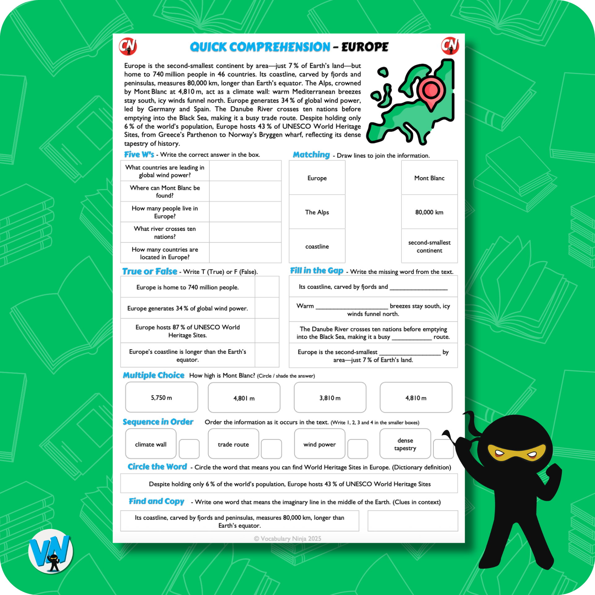 Quick Comprehension Topic Bundle – Y5 Continents – Vocabulary Ninja