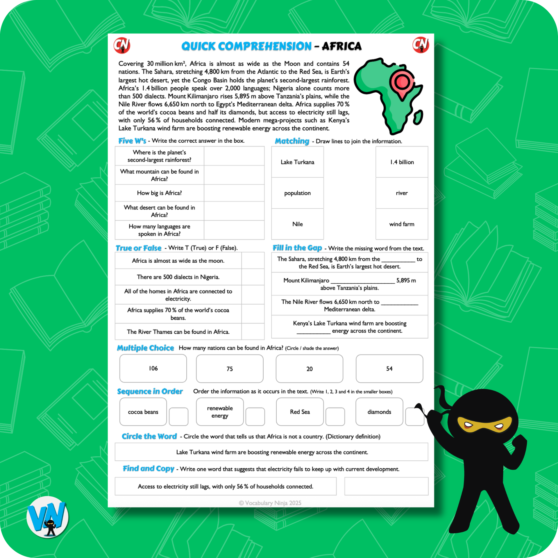 Quick Comprehension Topic Bundle – Y5 Continents – Vocabulary Ninja
