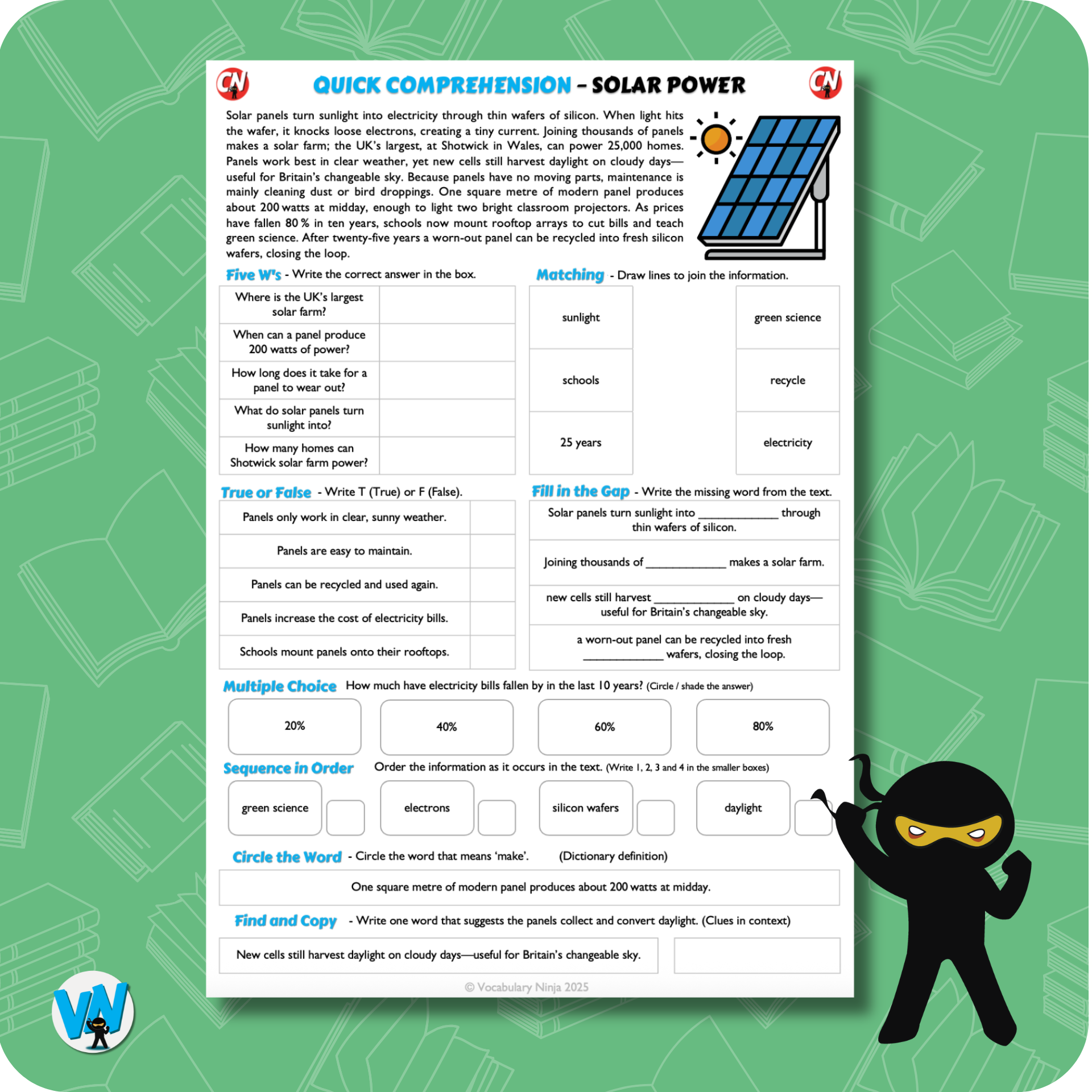 Quick Comprehension Topic Bundle – Y5 Renewable Energy – Vocabulary Ninja
