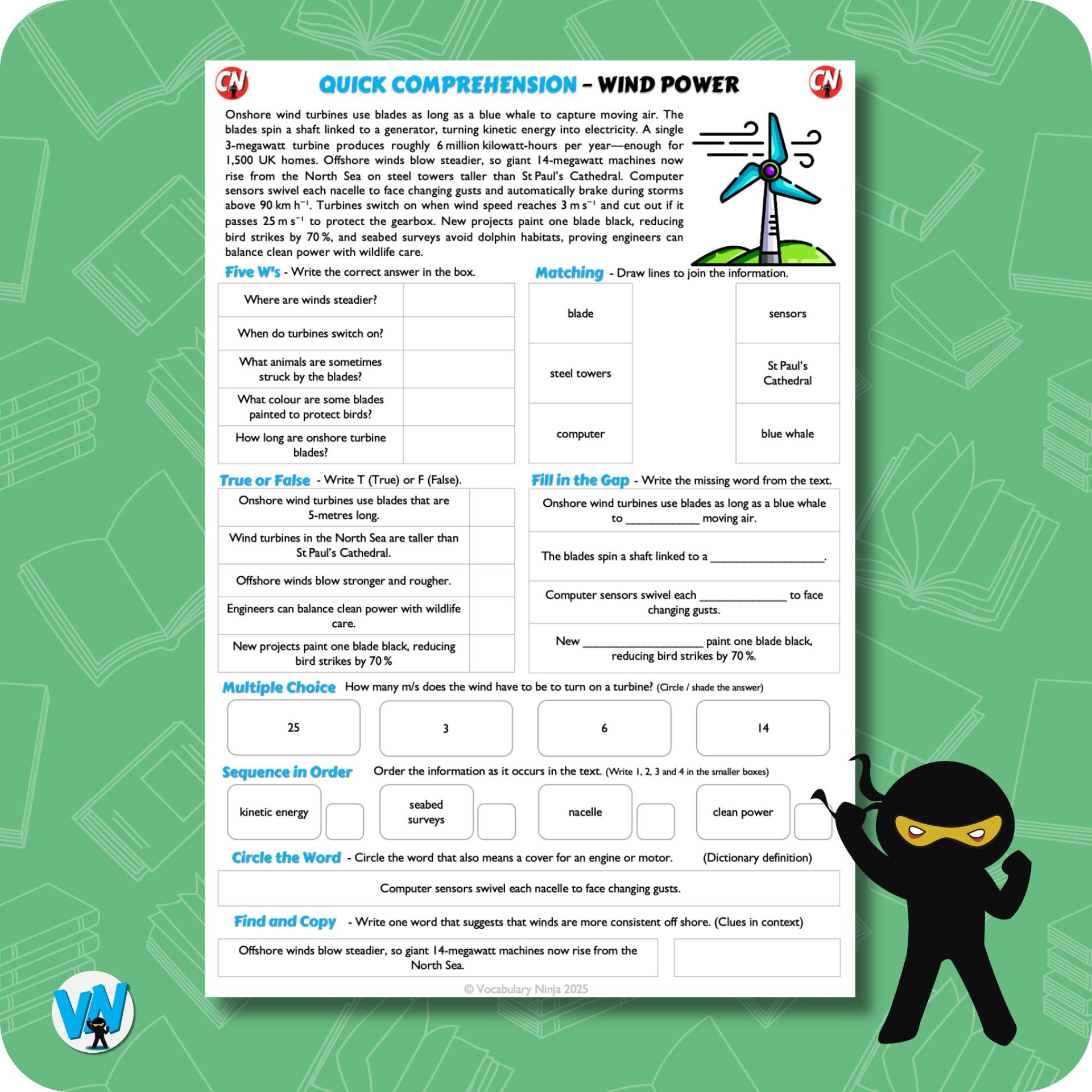 Quick Comprehension Topic Bundle – Y5 Renewable Energy – Vocabulary Ninja