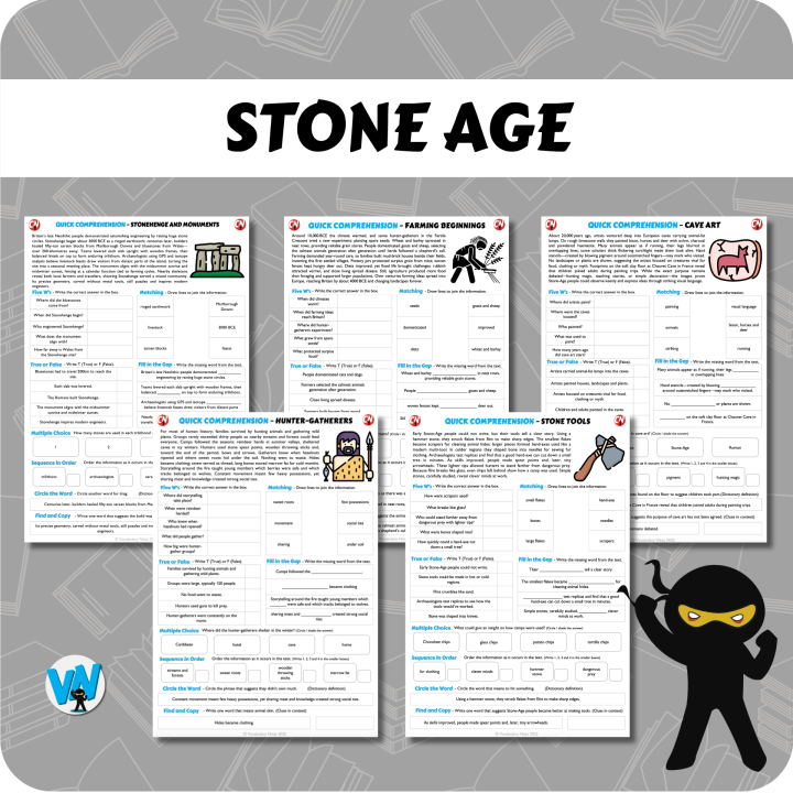 Quick Comprehension Topic Bundle – Y5 Stone Age – Vocabulary Ninja