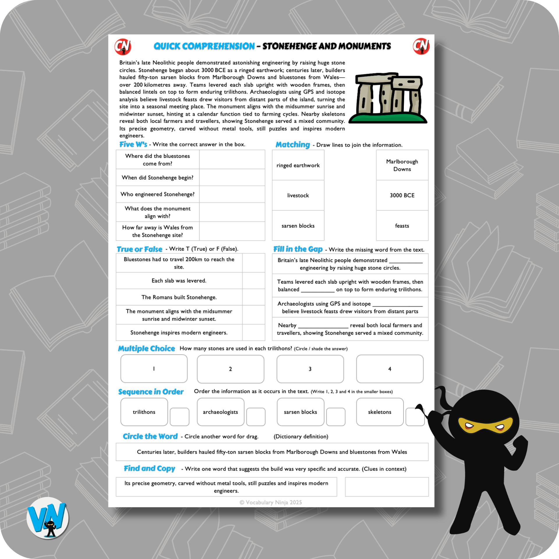 Quick Comprehension Topic Bundle – Y5 Stone Age – Vocabulary Ninja