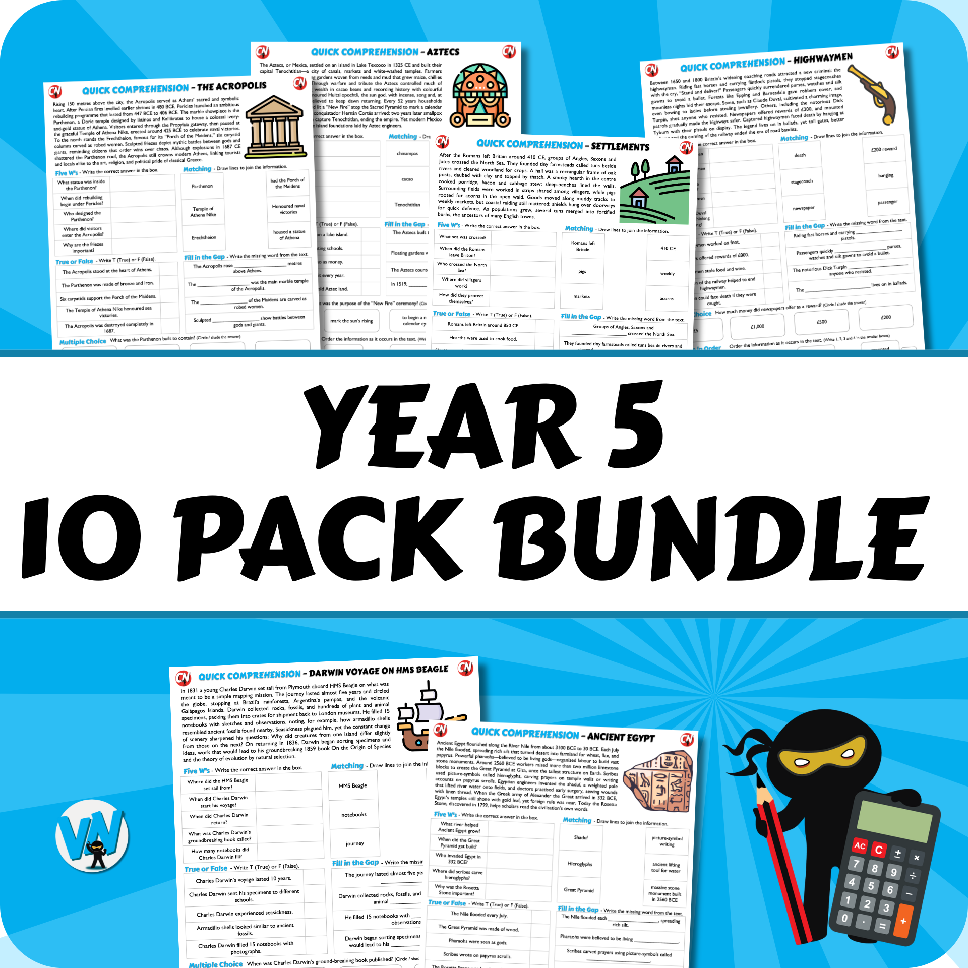 Quick Comprehension Topic Bundle – Y5 Bundle (10 packs) – Vocabulary Ninja