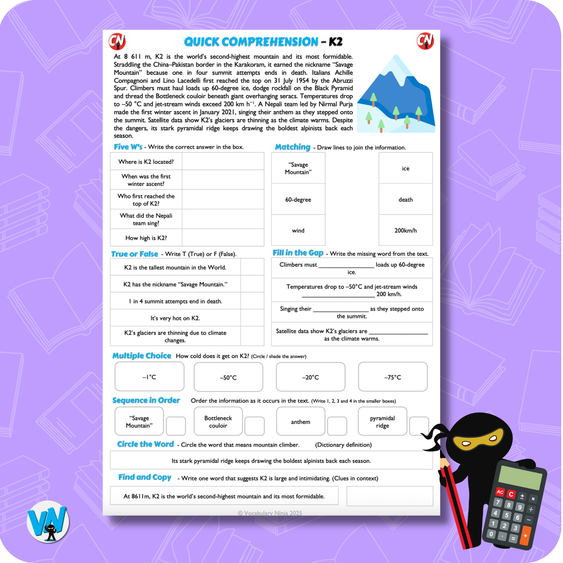 Quick Comprehension Topic Bundle – Y6 Mountains – Vocabulary Ninja
