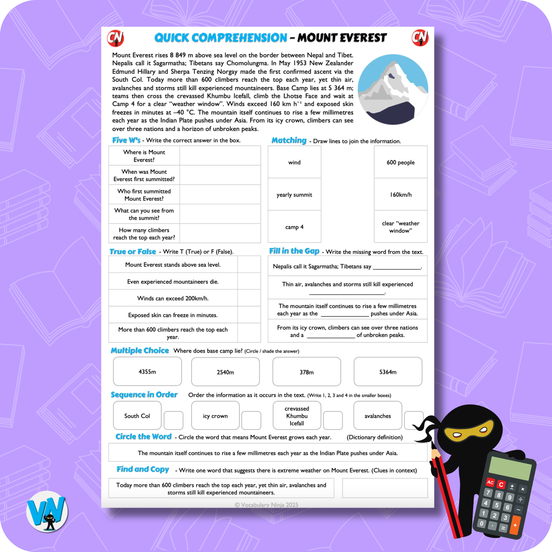 Quick Comprehension Topic Bundle – Y6 Mountains – Vocabulary Ninja