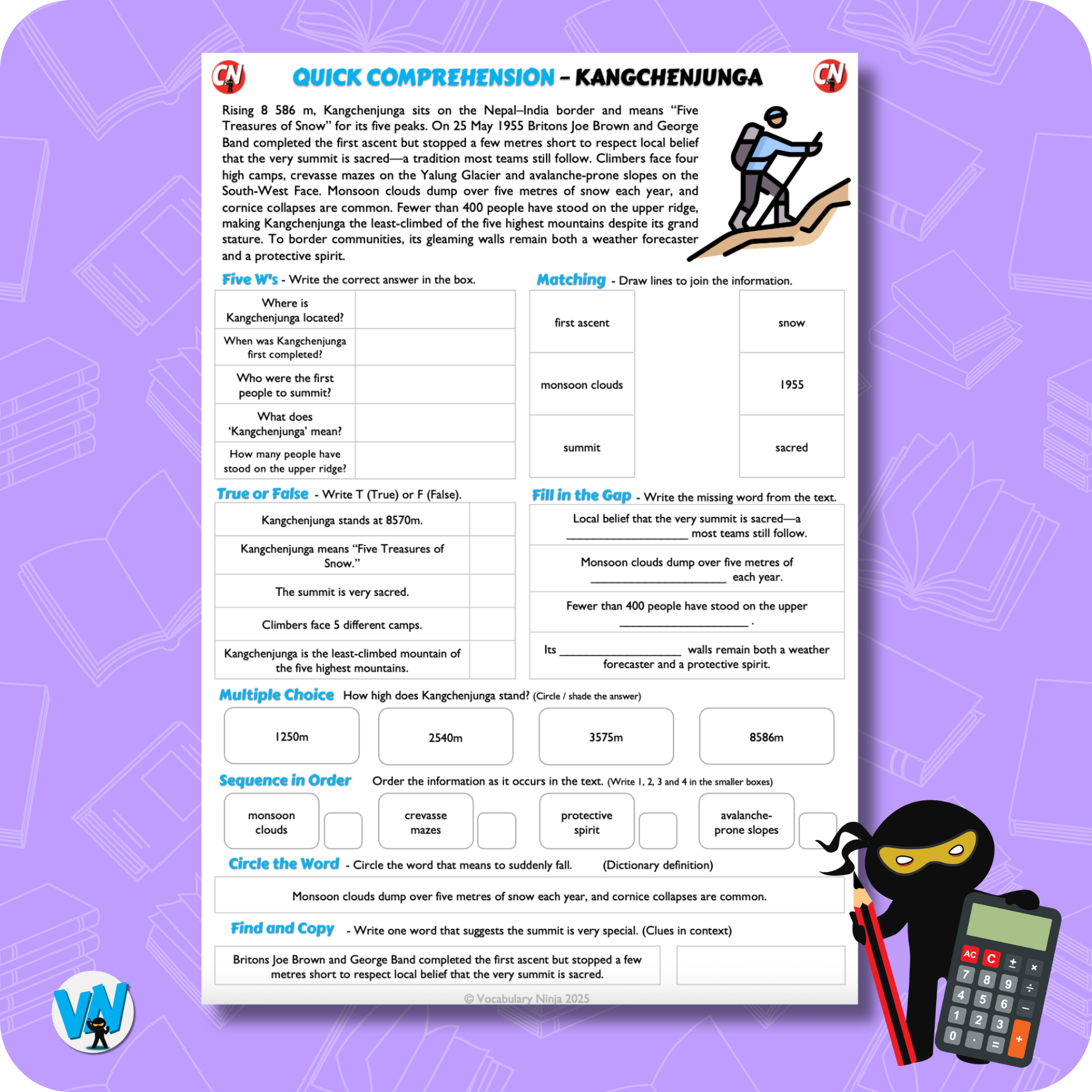Quick Comprehension Topic Bundle – Y6 Mountains – Vocabulary Ninja