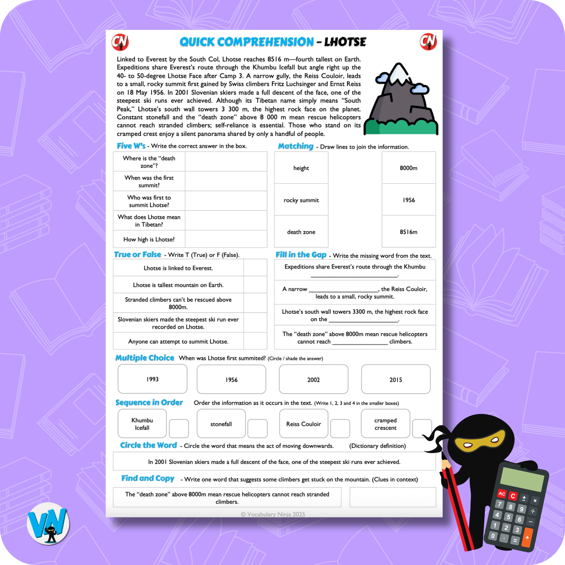 Quick Comprehension Topic Bundle – Y6 Mountains – Vocabulary Ninja
