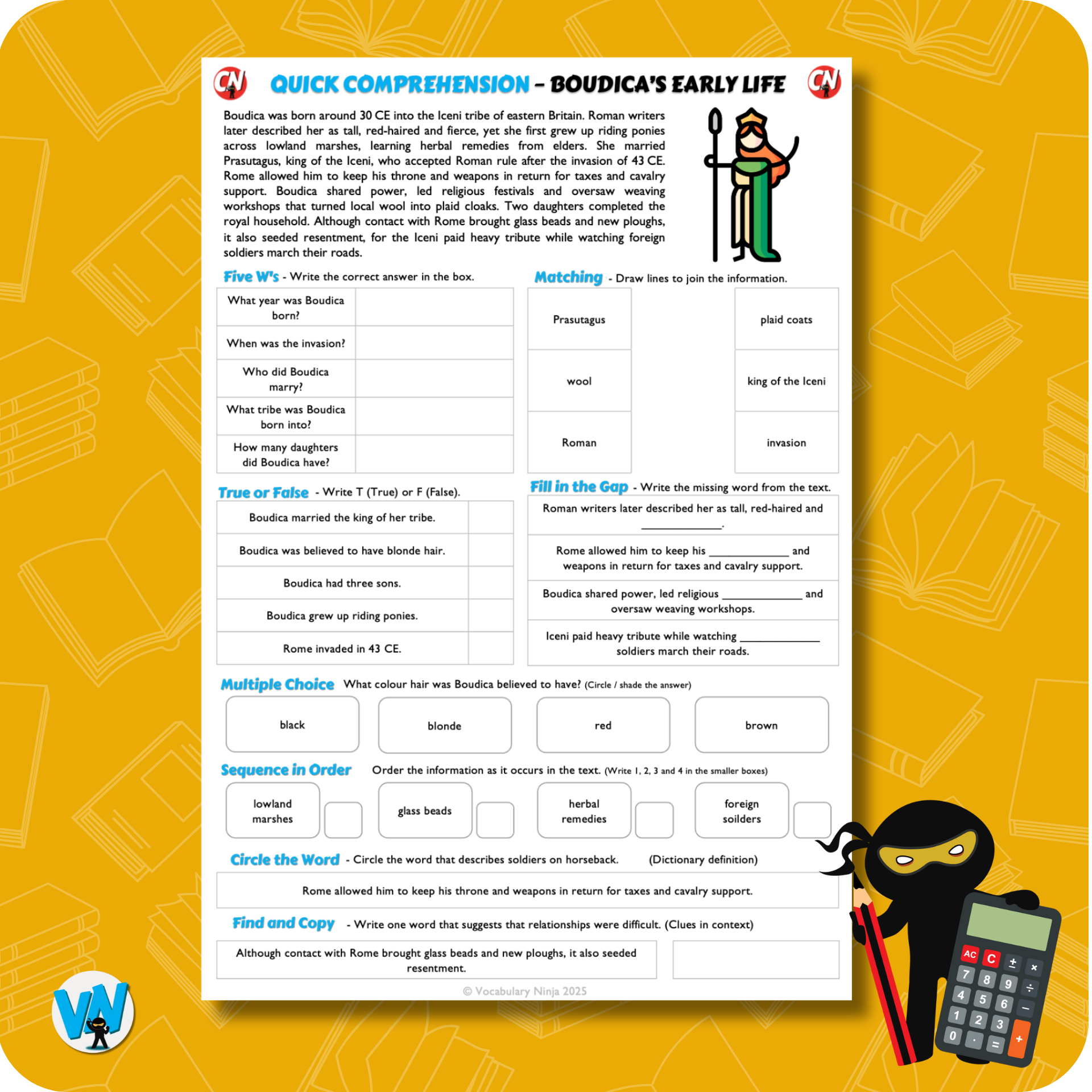 Quick Comprehension Topic Bundle – Y5 Boudica – Vocabulary Ninja