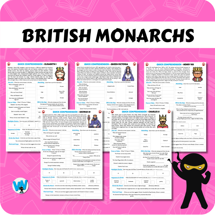 Quick Comprehension Topic Bundle – Y5 British Monarchs – Vocabulary Ninja