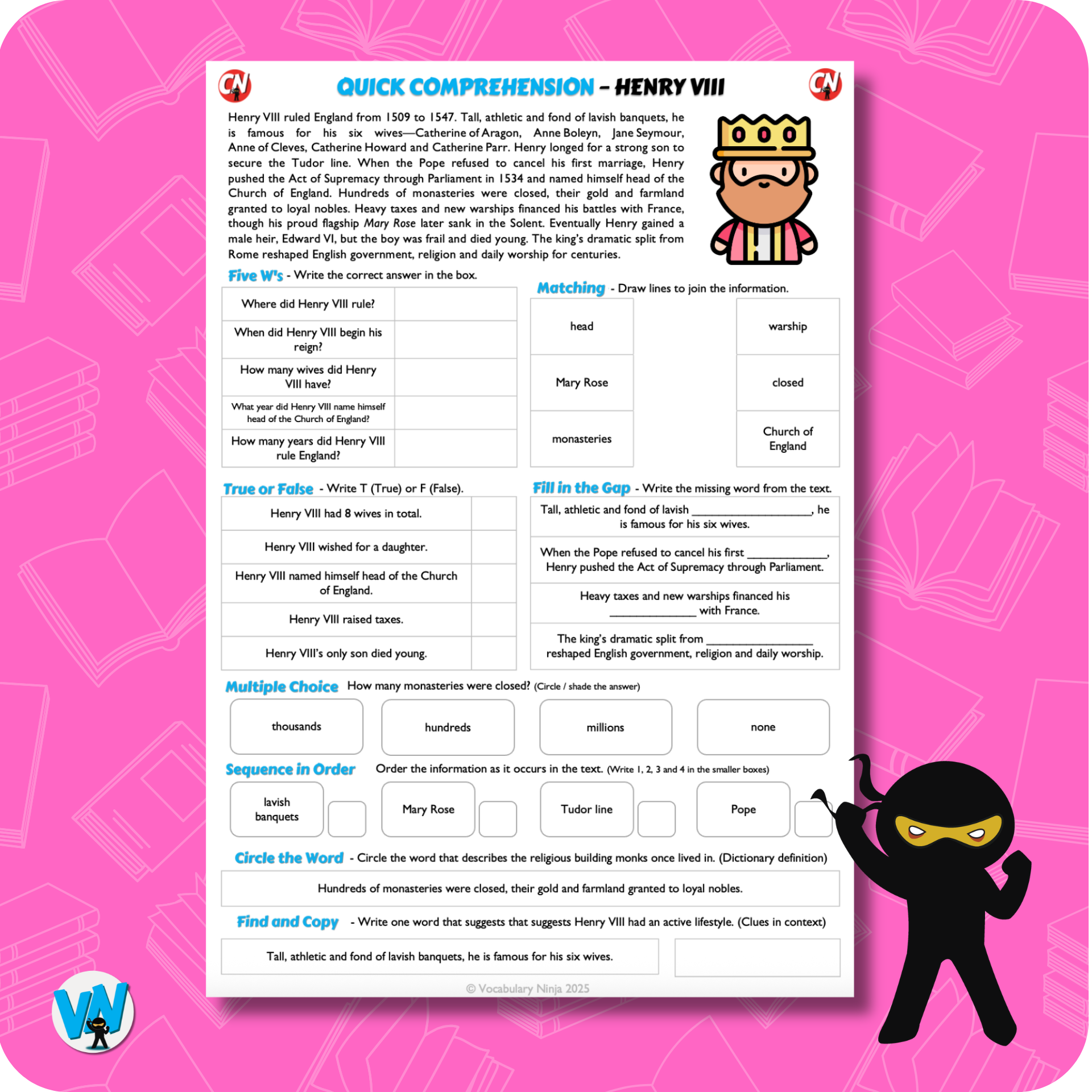 Quick Comprehension Topic Bundle – Y5 British Monarchs – Vocabulary Ninja