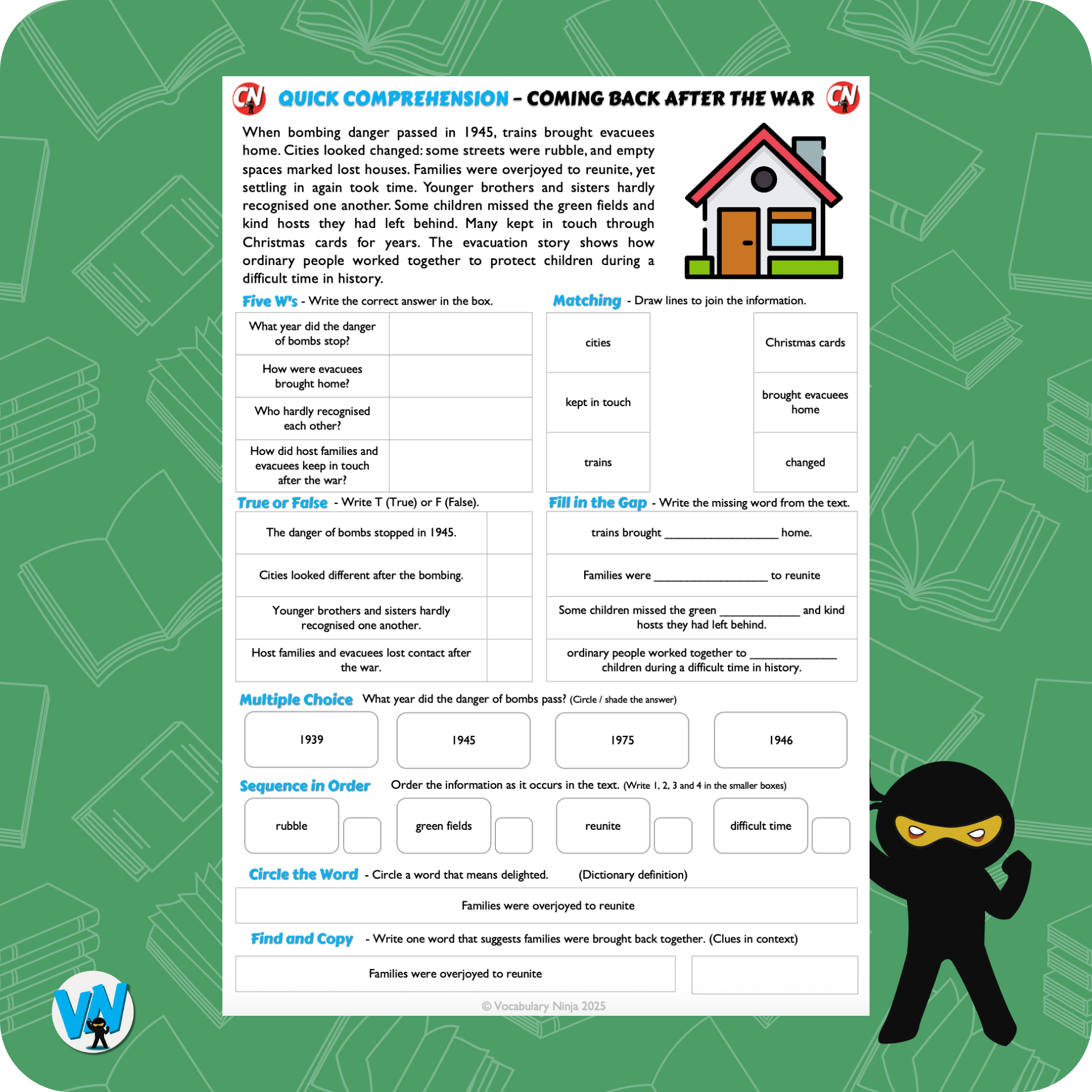 Quick Comprehension Topic Bundle – Y3 Evacuees in WW2 – Vocabulary Ninja