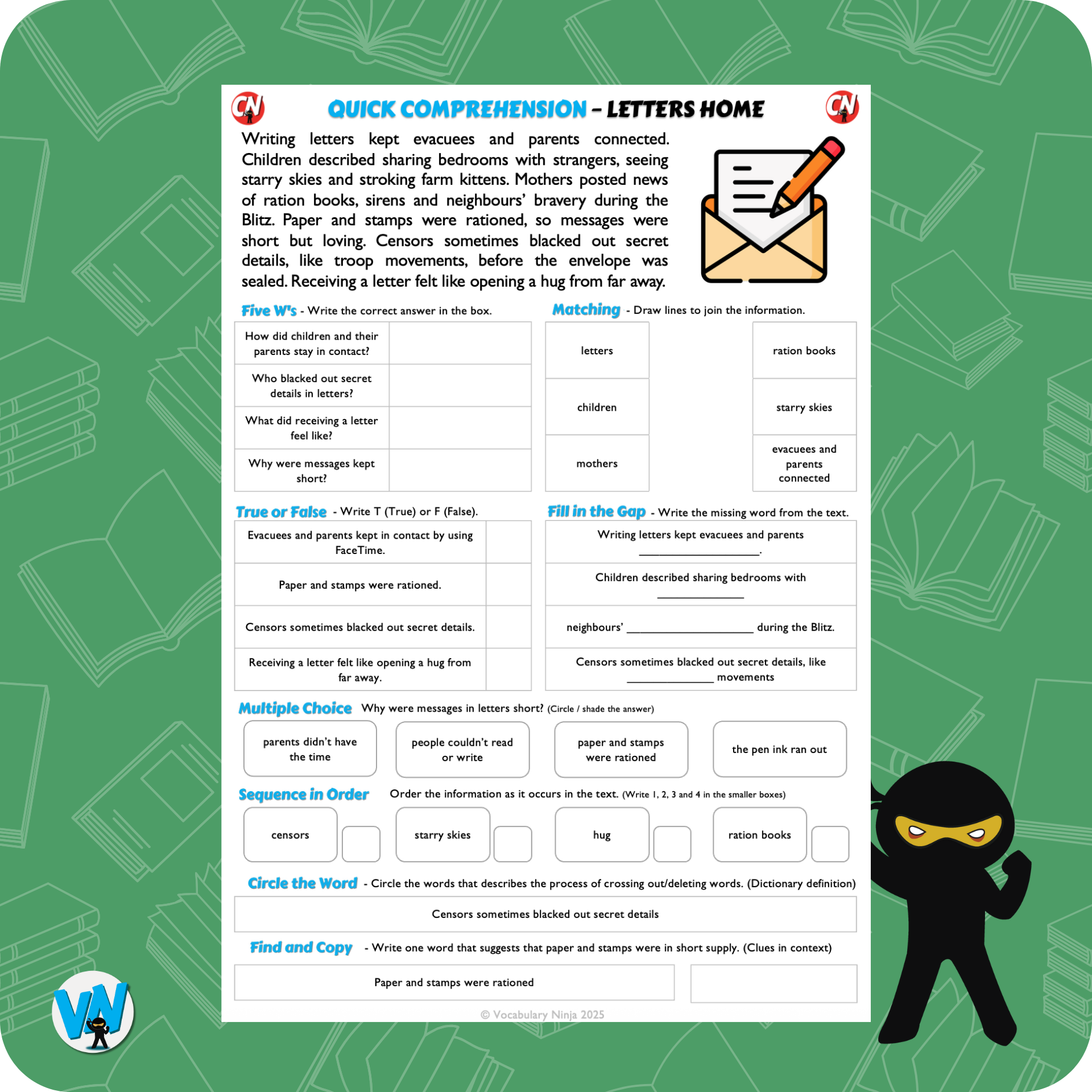 Quick Comprehension Topic Bundle – Y3 Evacuees in WW2 – Vocabulary Ninja