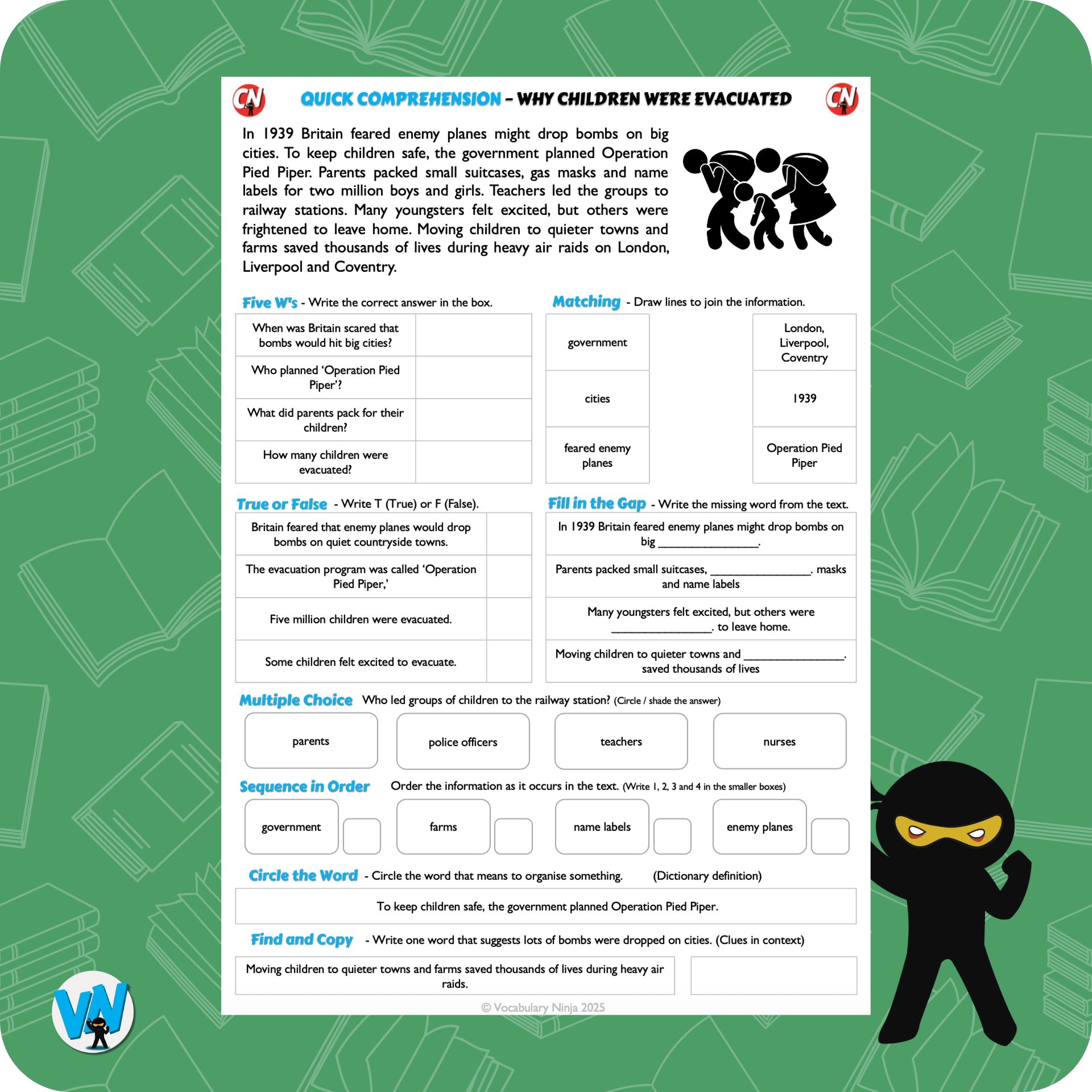 Quick Comprehension Topic Bundle – Y3 Evacuees in WW2 – Vocabulary Ninja