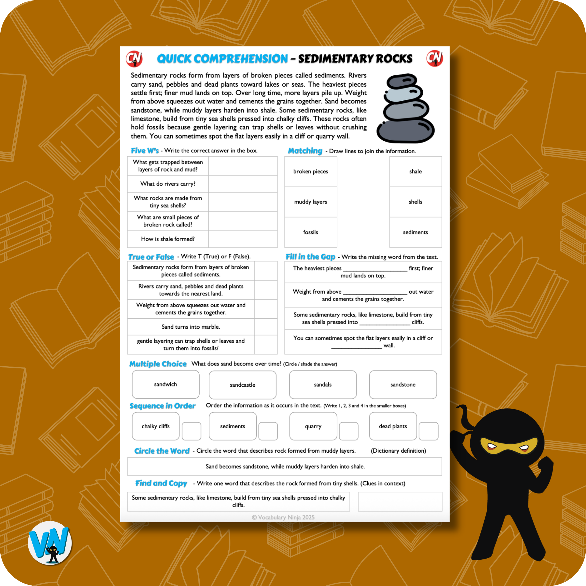 Quick Comprehension Topic Bundle – Y3 Rocks – Vocabulary Ninja
