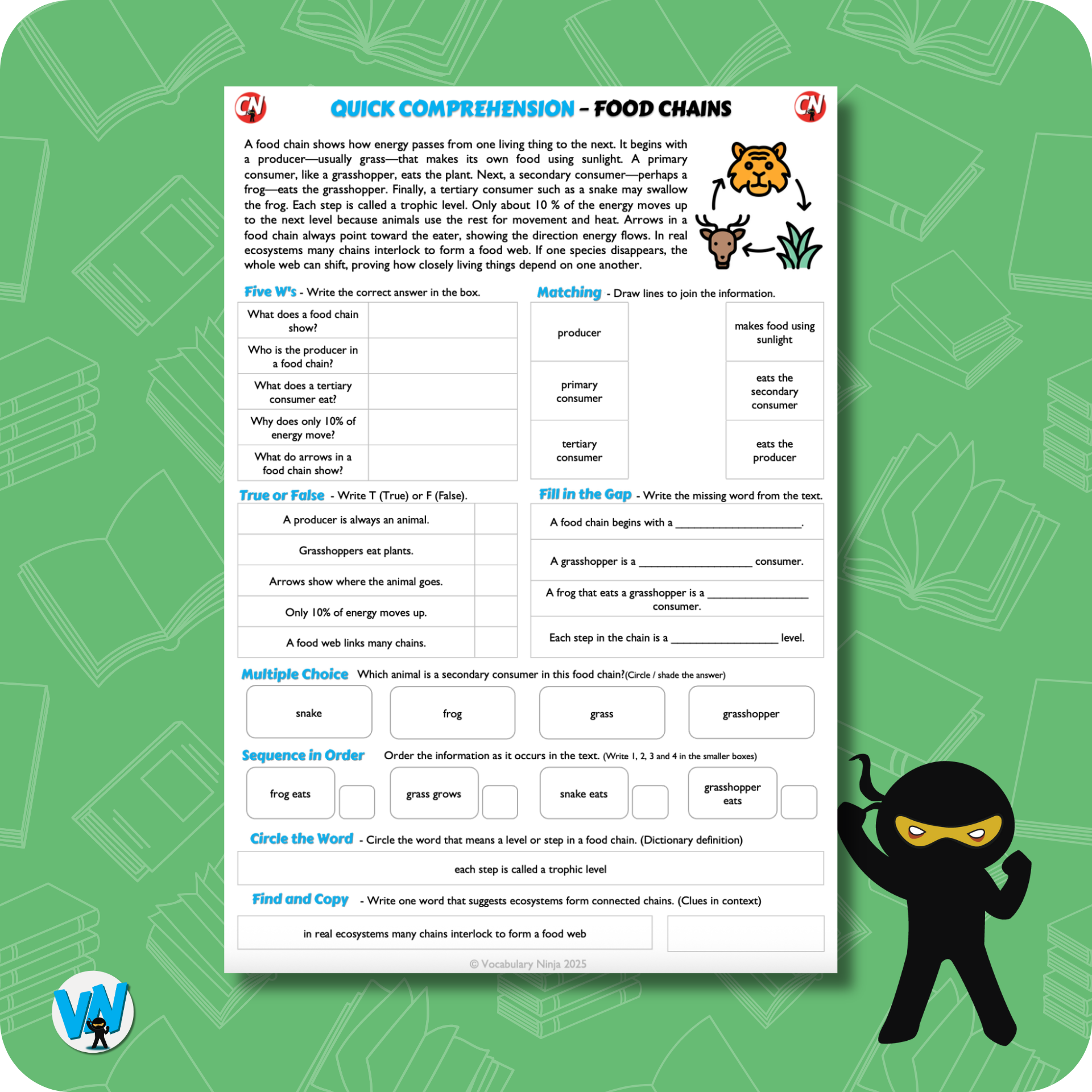 Quick Comprehension Topic Bundle – Y4 Animals and Humans – Vocabulary Ninja