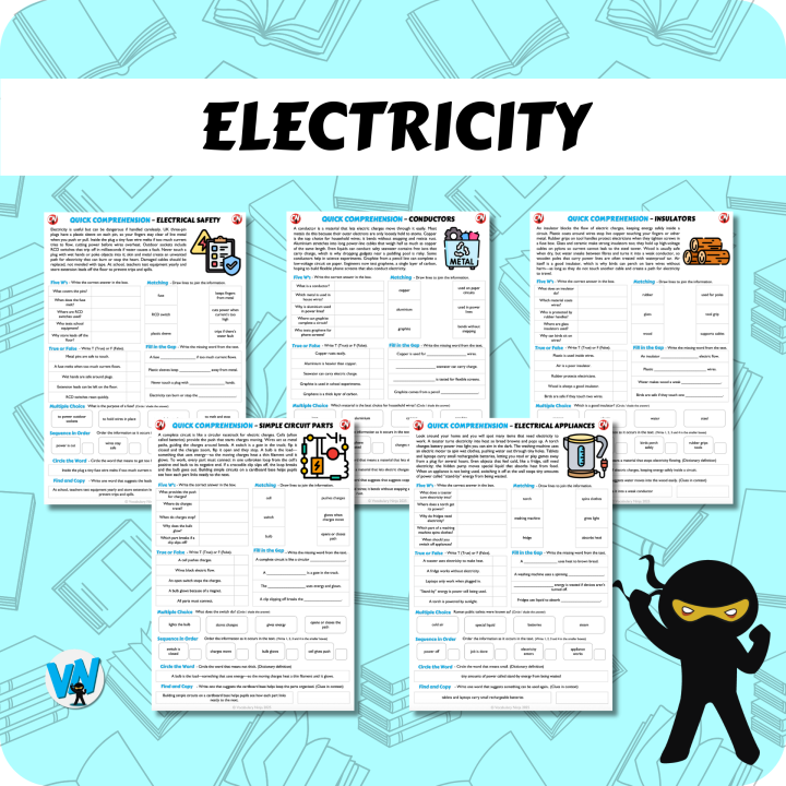 Quick Comprehension Topic Bundle – Y4 Electricity – Vocabulary Ninja