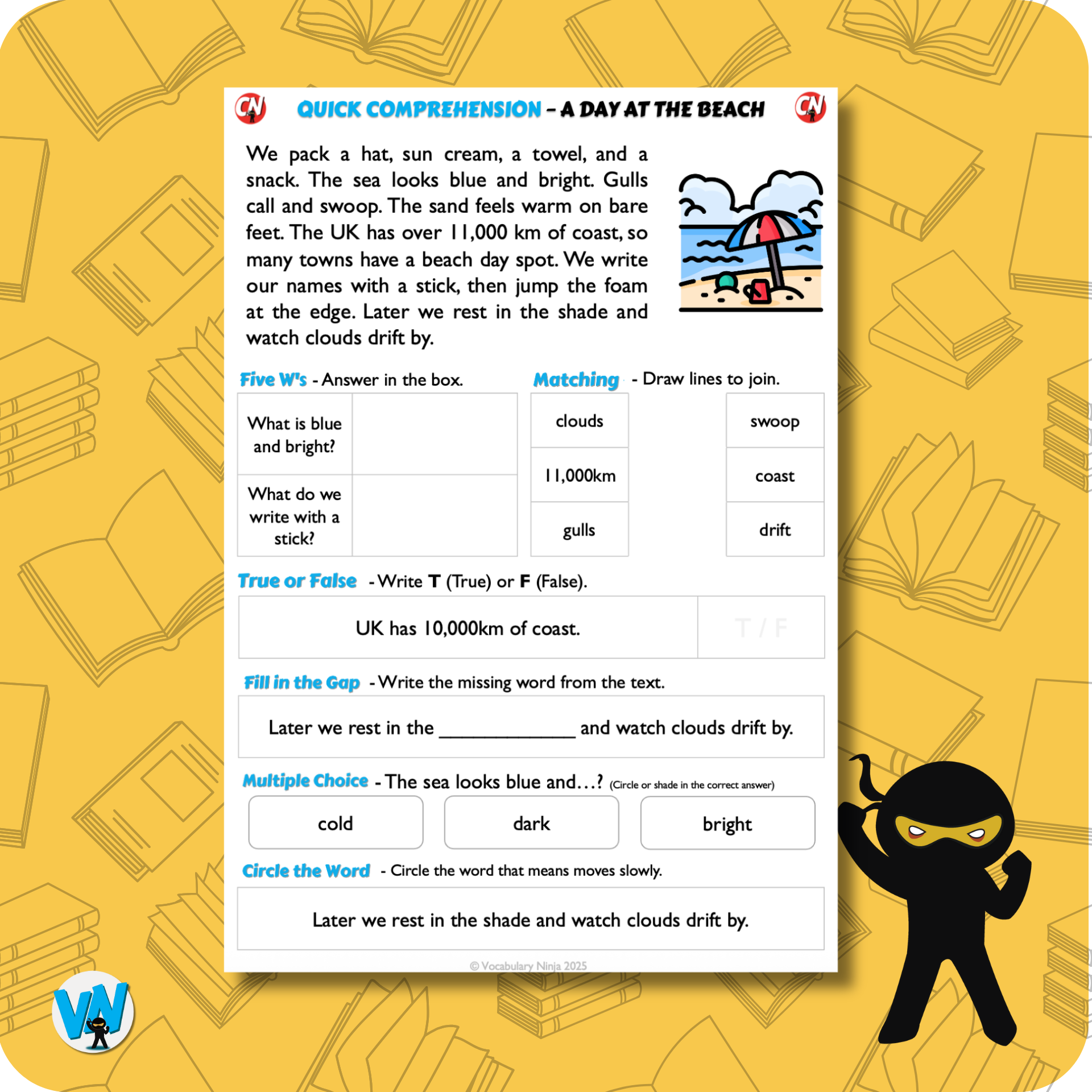 Quick Comprehension Topic Bundle – Y2 Day at the Beach – Vocabulary Ninja