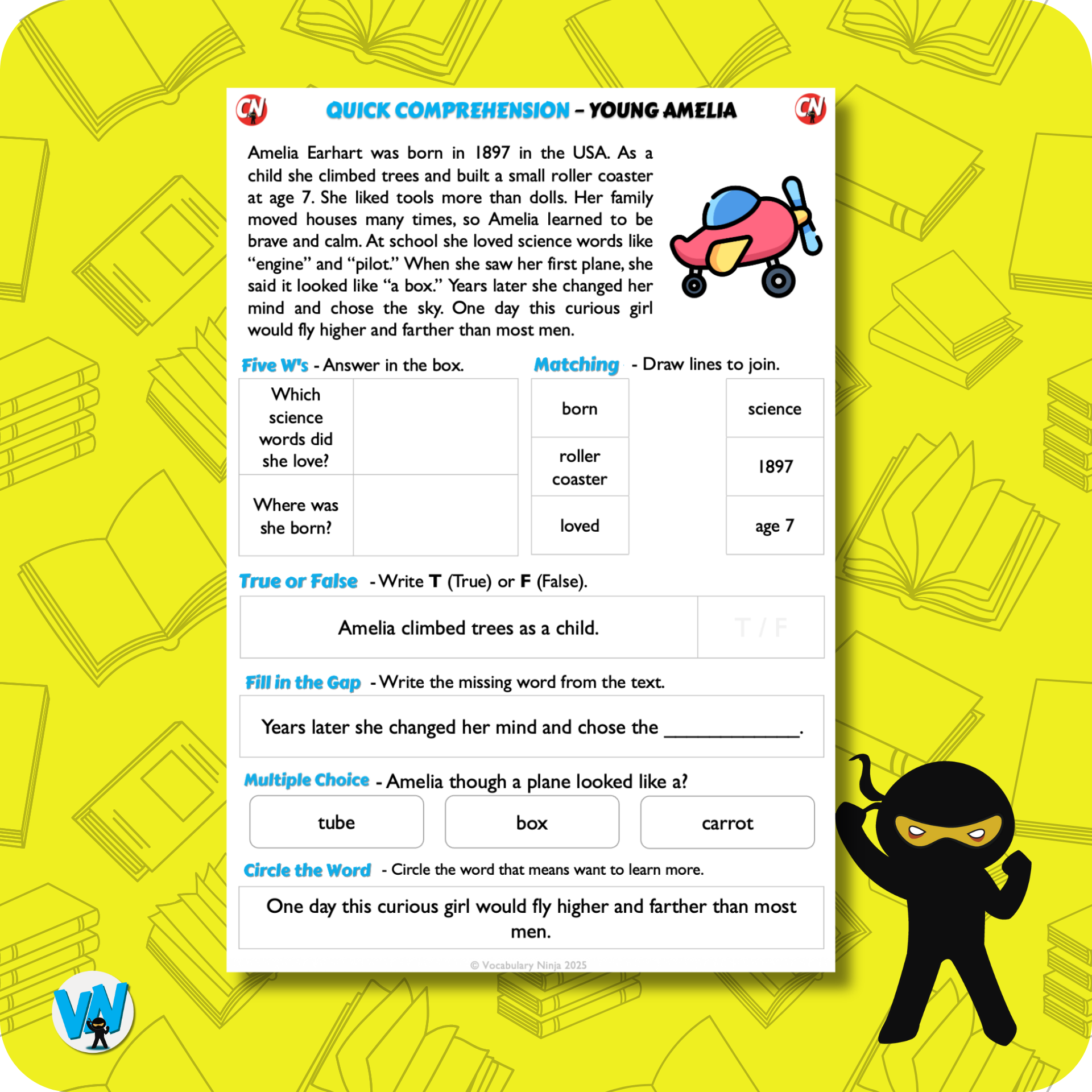 Quick Comprehension Topic Bundle – Y2 Amelia Earheart – Vocabulary Ninja