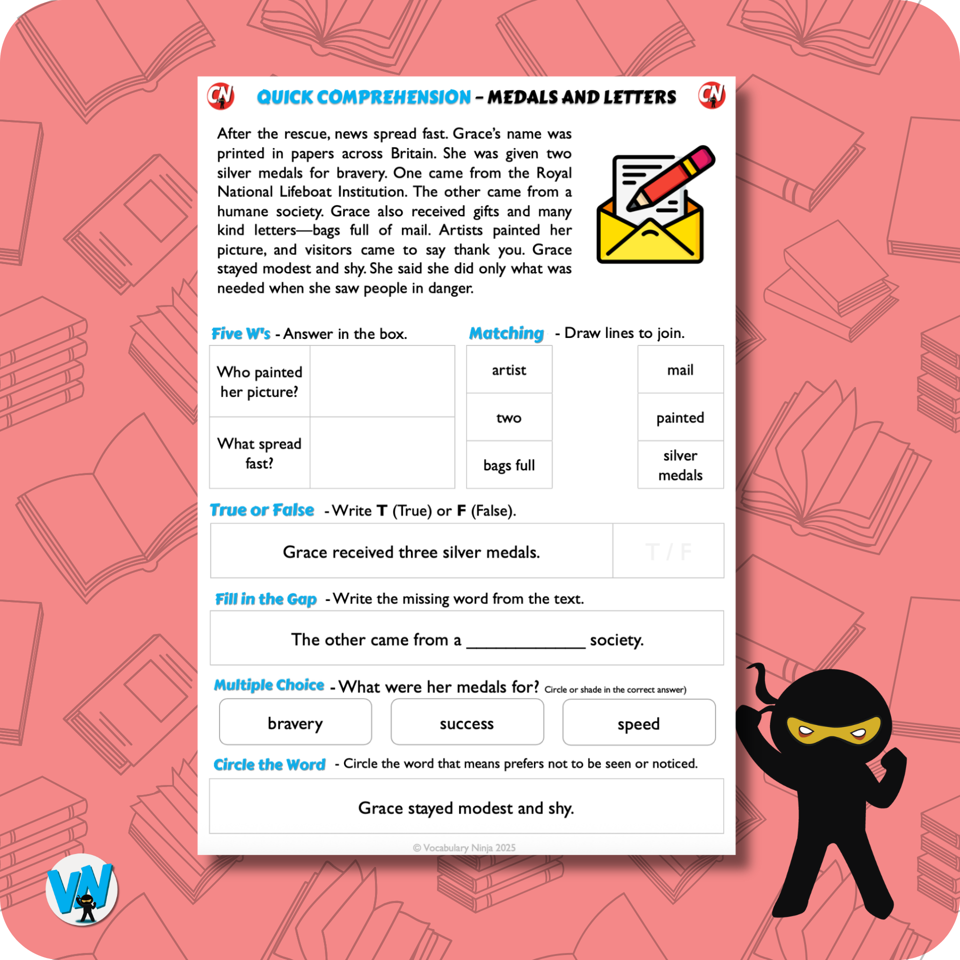 Quick Comprehension Topic Bundle – Y2 Grace Darling – Vocabulary Ninja