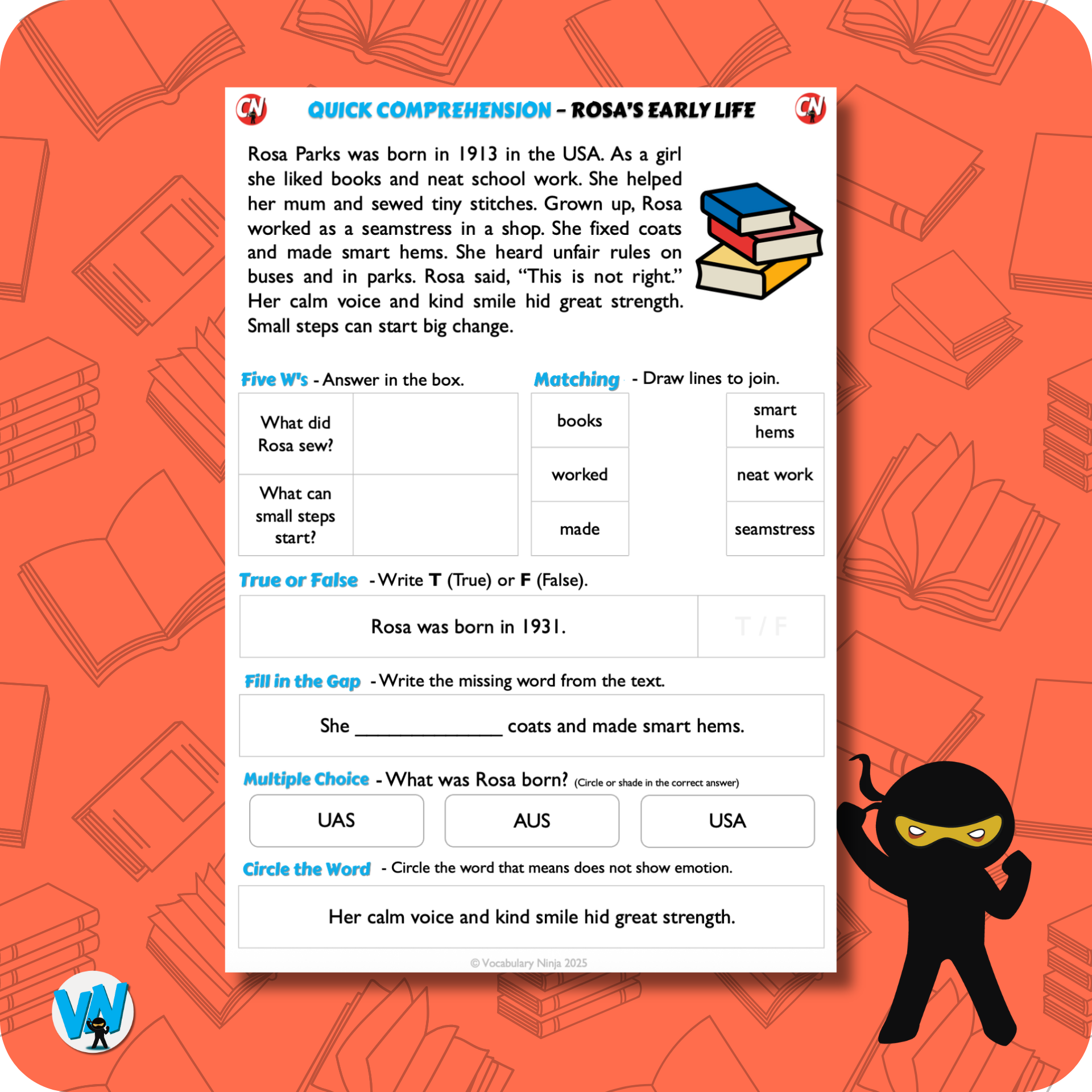 Quick Comprehension Topic Bundle – Y2 Rosa Parks – Vocabulary Ninja