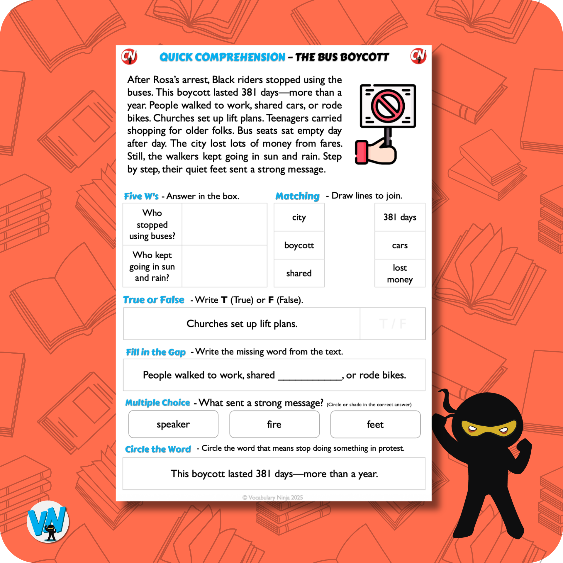 Quick Comprehension Topic Bundle – Y2 Rosa Parks – Vocabulary Ninja