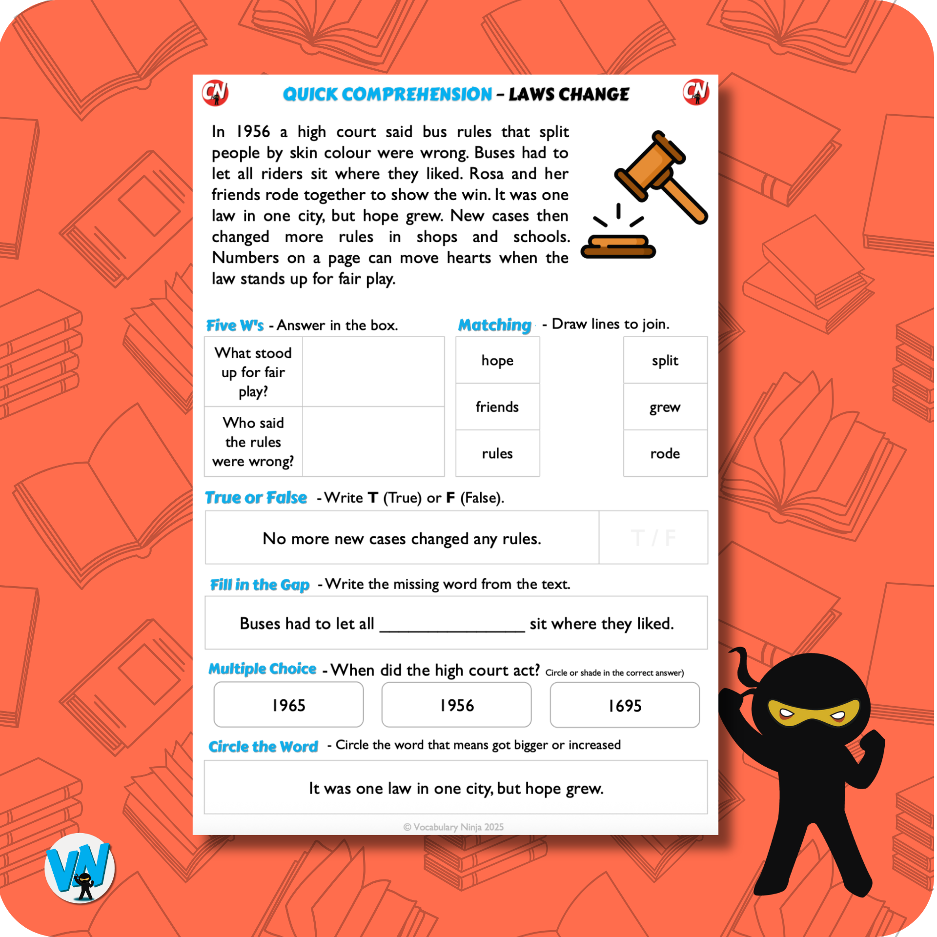 Quick Comprehension Topic Bundle – Y2 Rosa Parks – Vocabulary Ninja