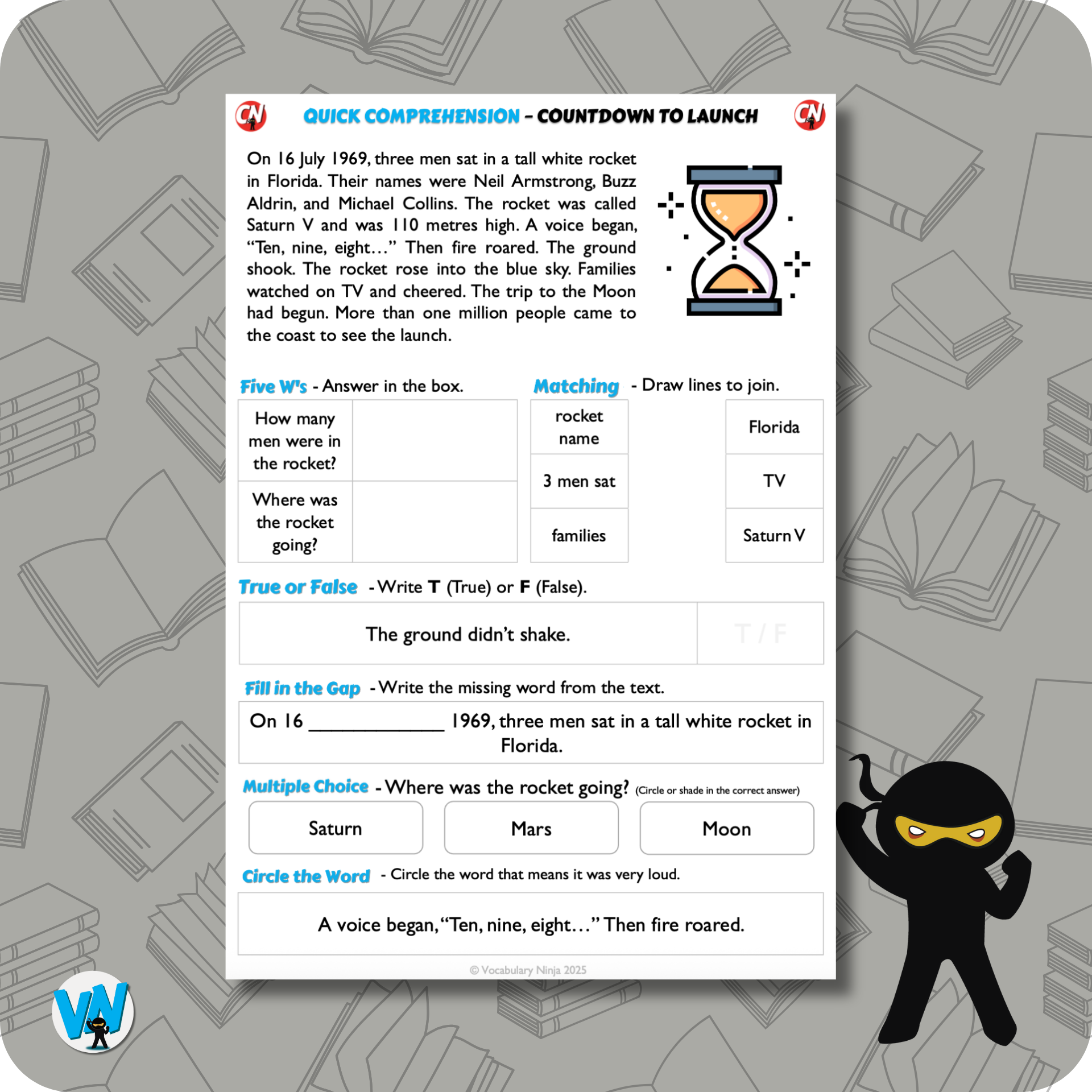 Quick Comprehension Topic Bundle – Y2 The Moon Landing – Vocabulary Ninja