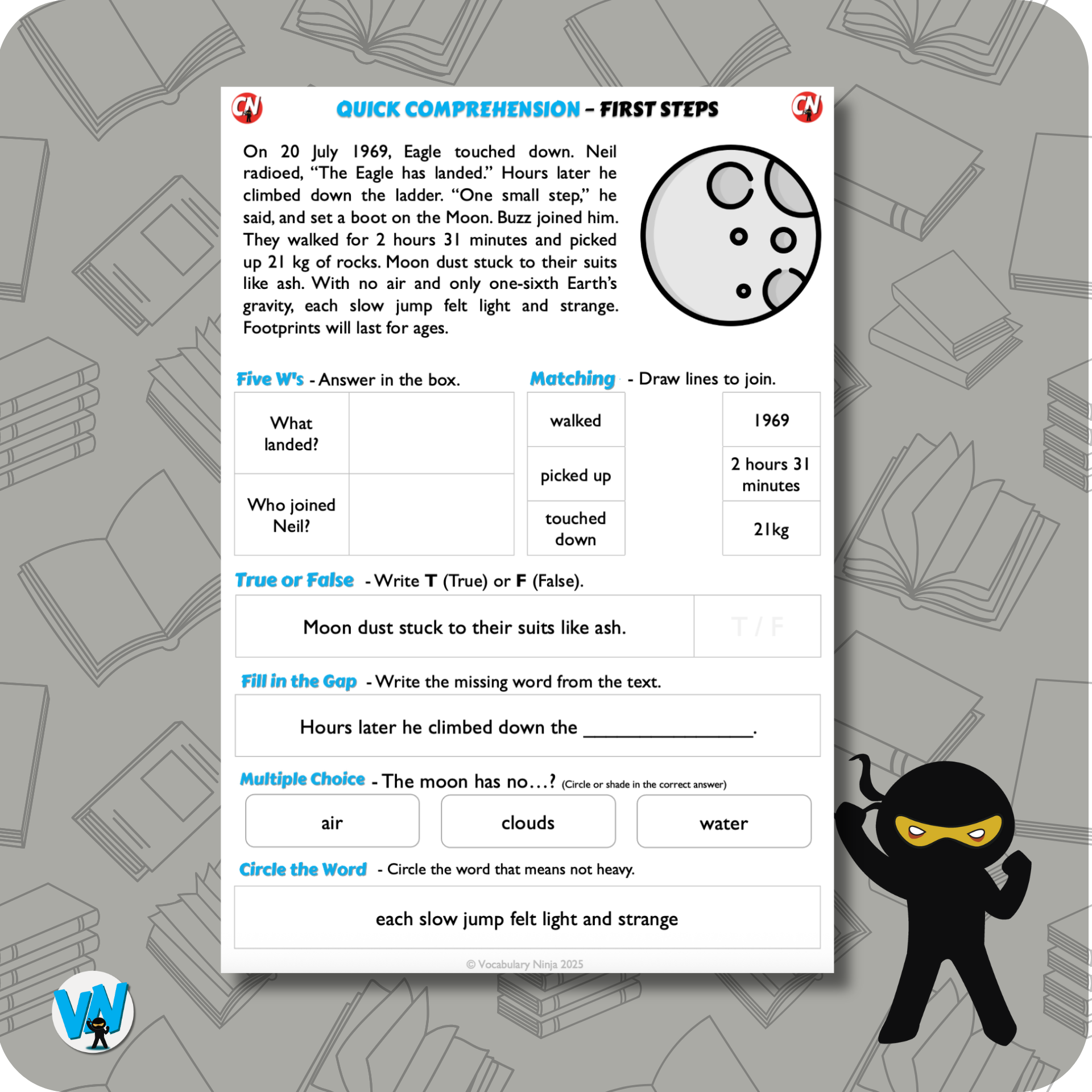 Quick Comprehension Topic Bundle – Y2 The Moon Landing – Vocabulary Ninja