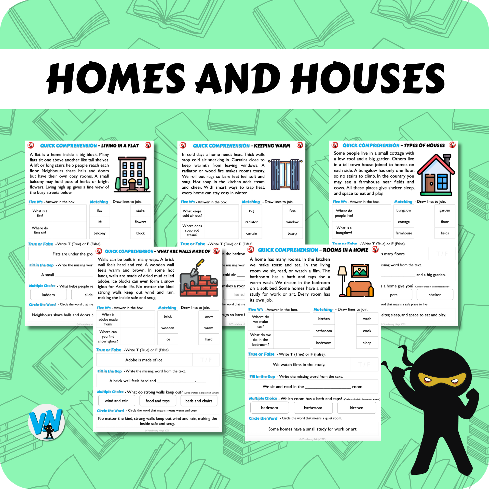 Quick Comprehension Topic Bundle – Y1 – Homes and Houses – Vocabulary Ninja