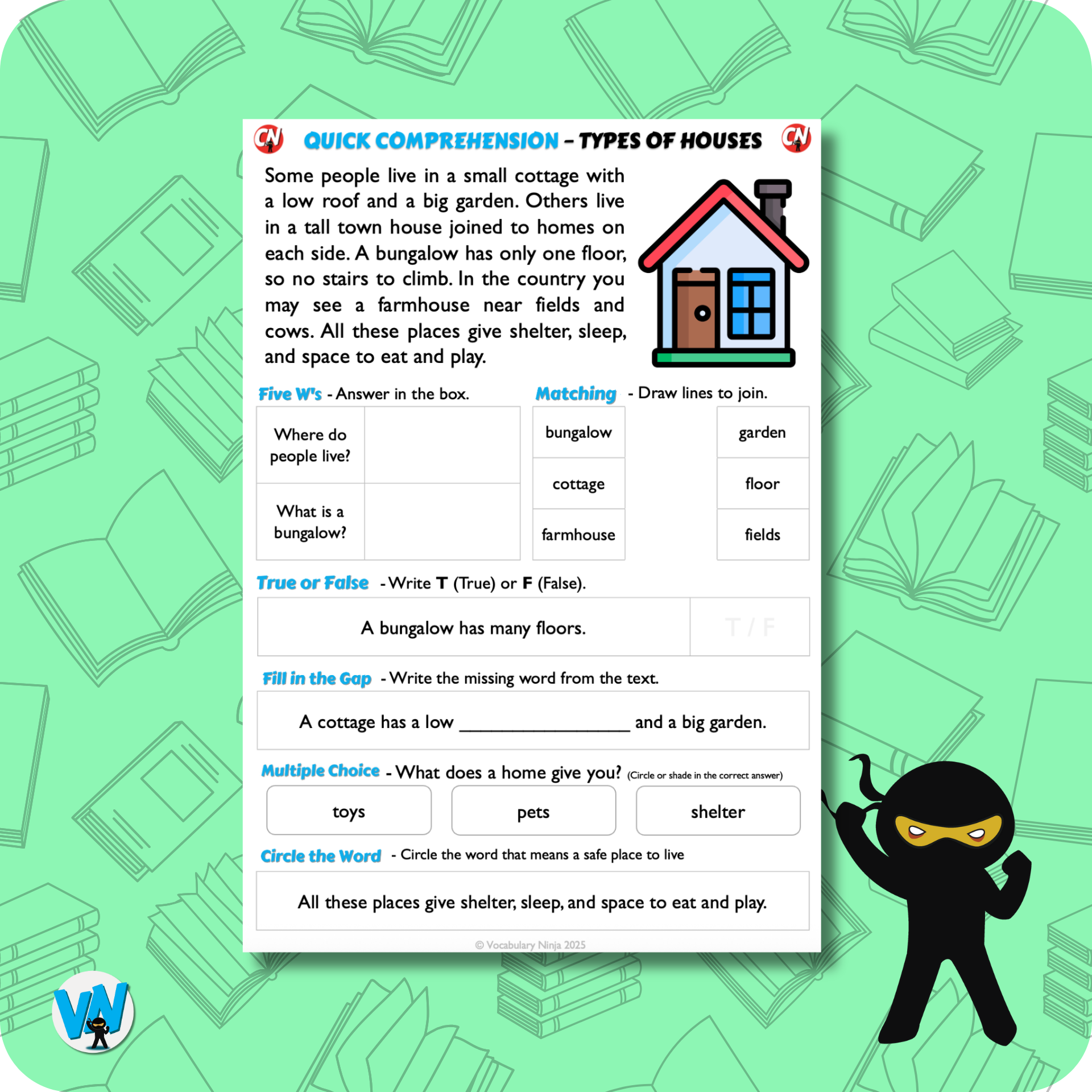 Quick Comprehension Topic Bundle – Y1 – Homes and Houses – Vocabulary Ninja