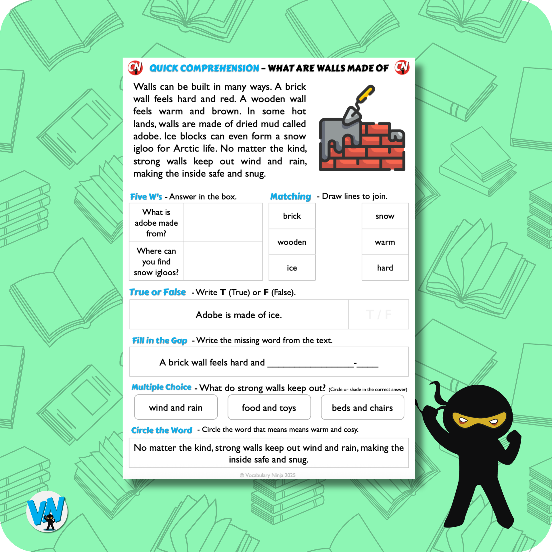 Quick Comprehension Topic Bundle – Y1 – Homes and Houses – Vocabulary Ninja