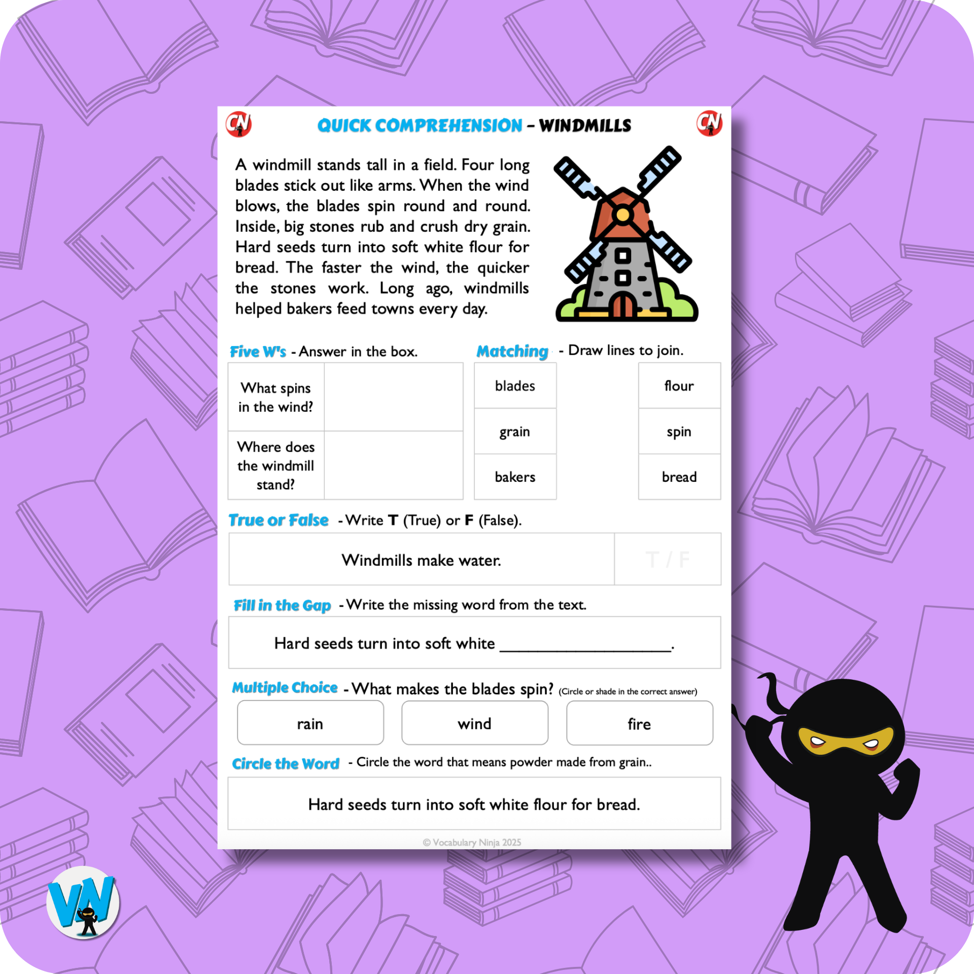 Quick Comprehension Topic Bundle – Y1 – Mills and Machines – Vocabulary ...