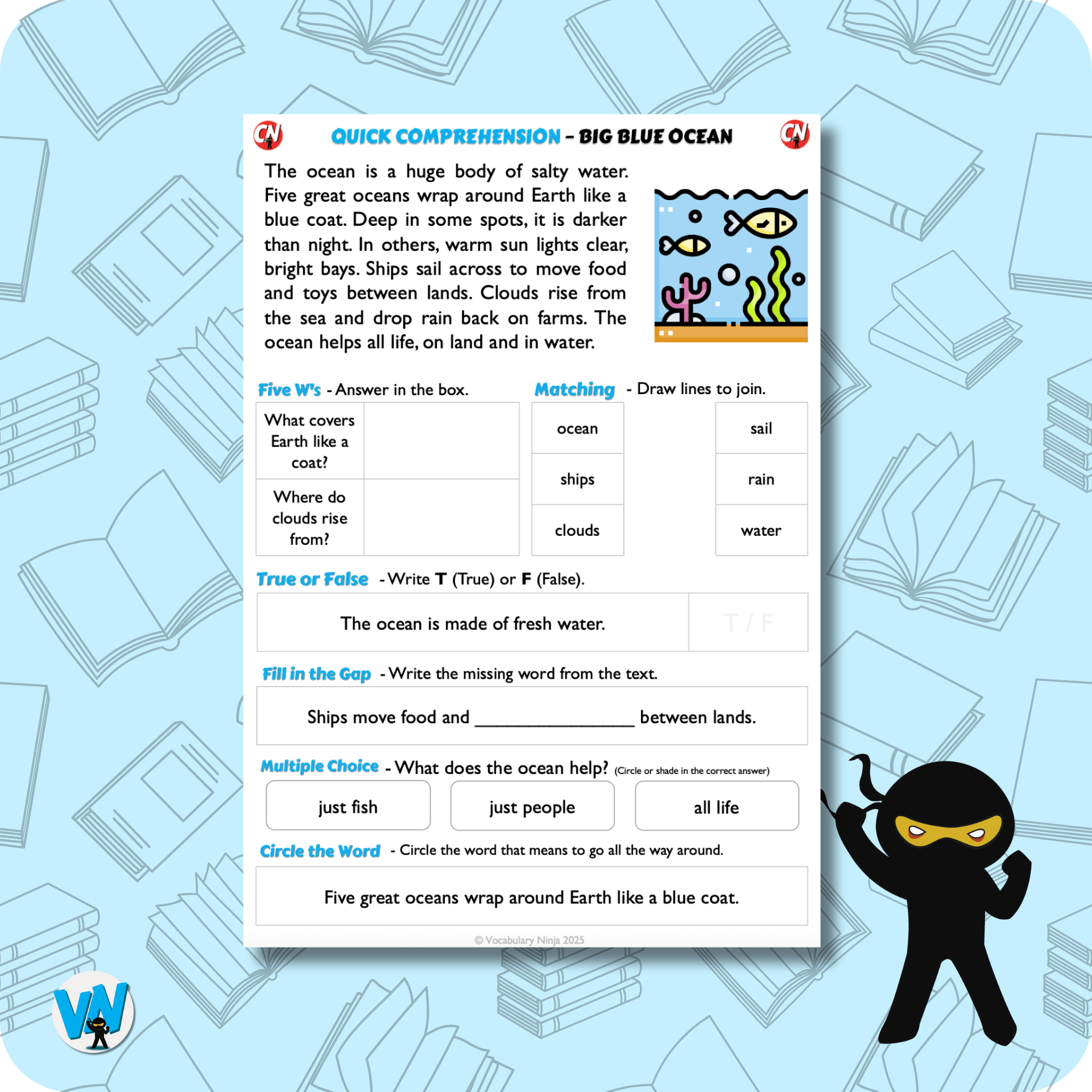 Quick Comprehension Topic Bundle – Y1 – Seas and Oceans – Vocabulary Ninja