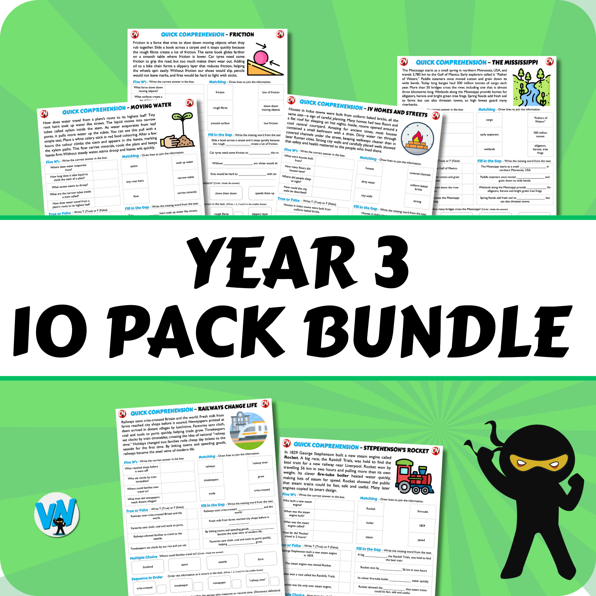 Quick Comprehension Topic Bundle – Y3 Bundle (10 packs) – Vocabulary Ninja
